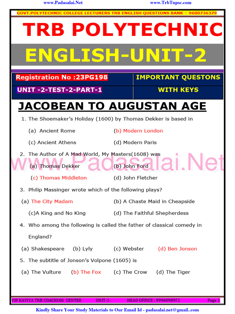 TRB English Question Bank Unit 2 | PDF | Theatre | British Dramatists And Playwrights