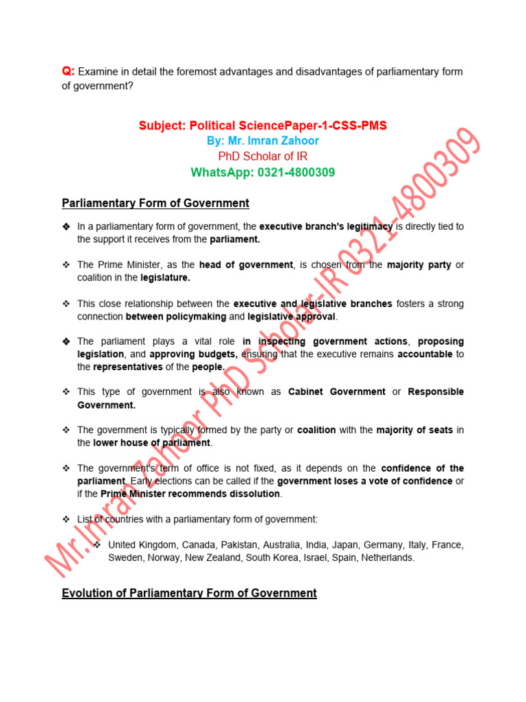 Lecture Notes Parliamentary Form of Government | PDF | World Politics ...