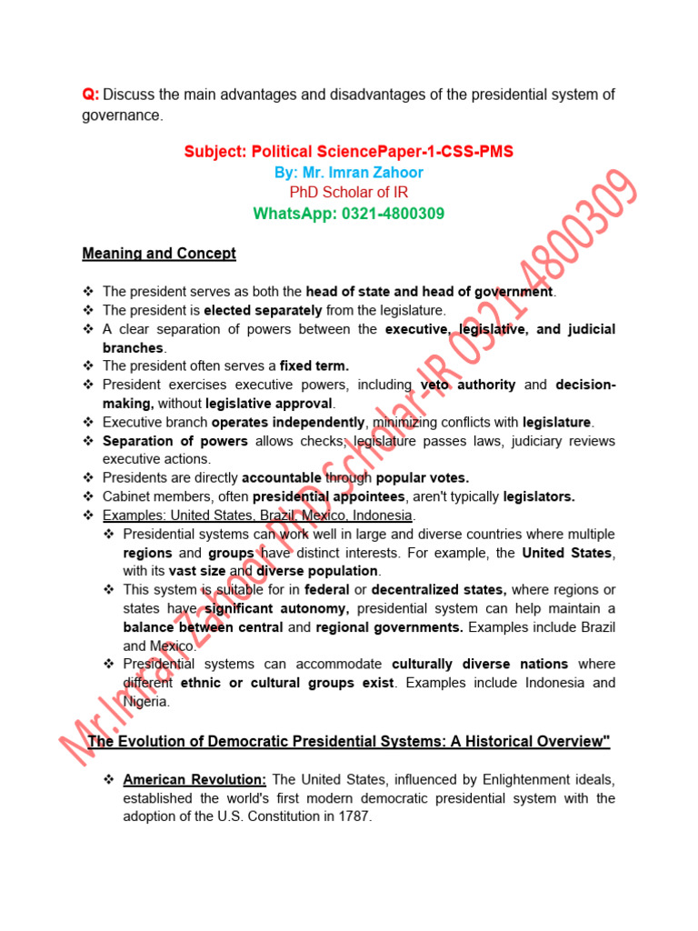 Lecture Notes Presidential Form of Government | PDF | Legislature ...