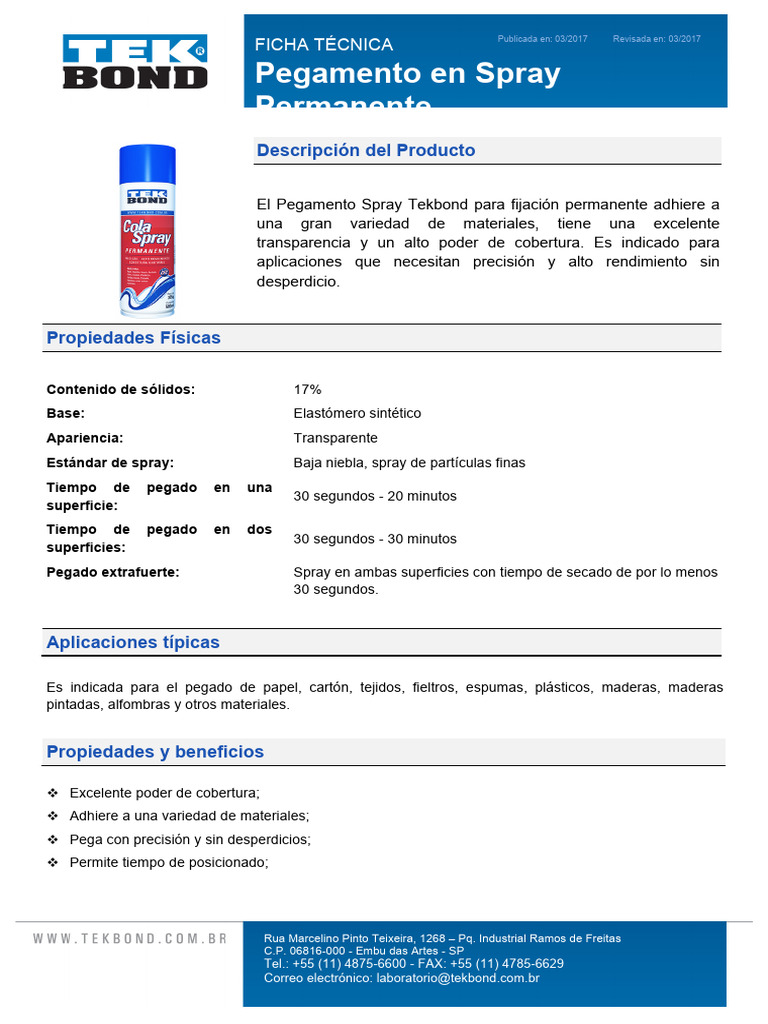 Ficha Tecnica Cola Spray Permanente Rev 03 17 | Descargar gratis PDF ...