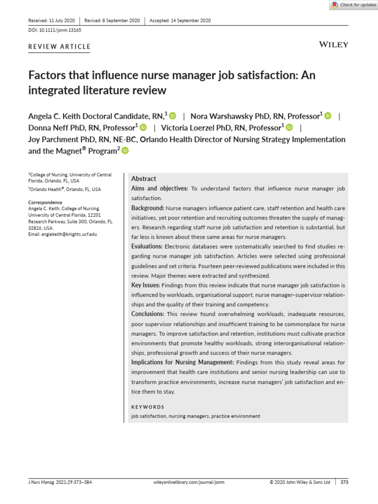 J Nursing Management - 2020 - Keith - Factors That Influence Nurse Manager Job Satisfaction An ...