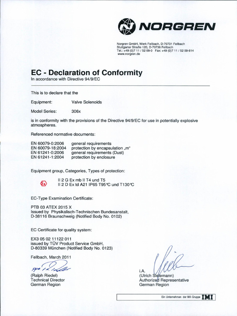 Declaration of Conformity 94-9-EC | PDF