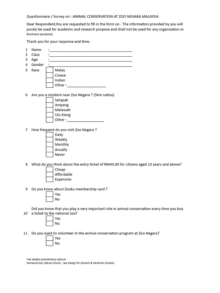 Zoo Negara Questionaire | PDF