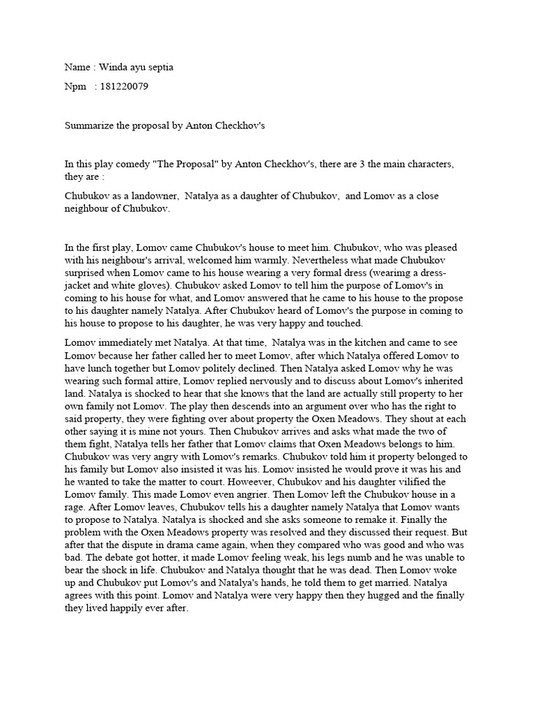 Summarize The Proposal by Anton Checkov's | PDF | Mystery, Thriller & Crime Fiction