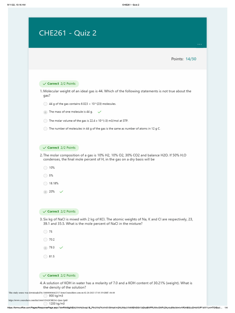 CHE261 Quiz 2 PDF | PDF
