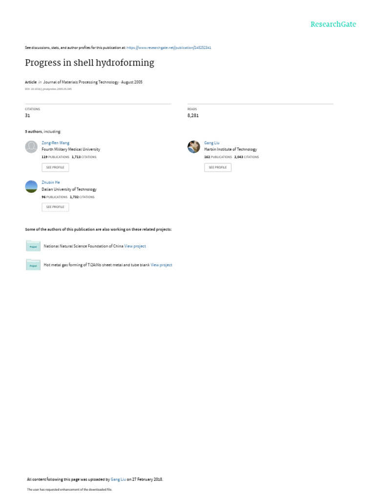 Progress in Shell Hydroforming: Journal of Materials Processing Technology August 2005 | PDF ...