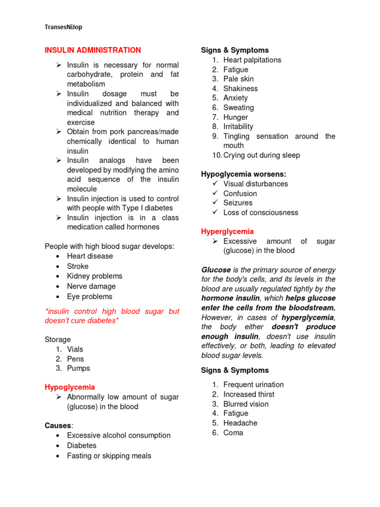 INSULIN ADMINISTRATION Transesnijop | PDF | Hyperglycemia | Insulin