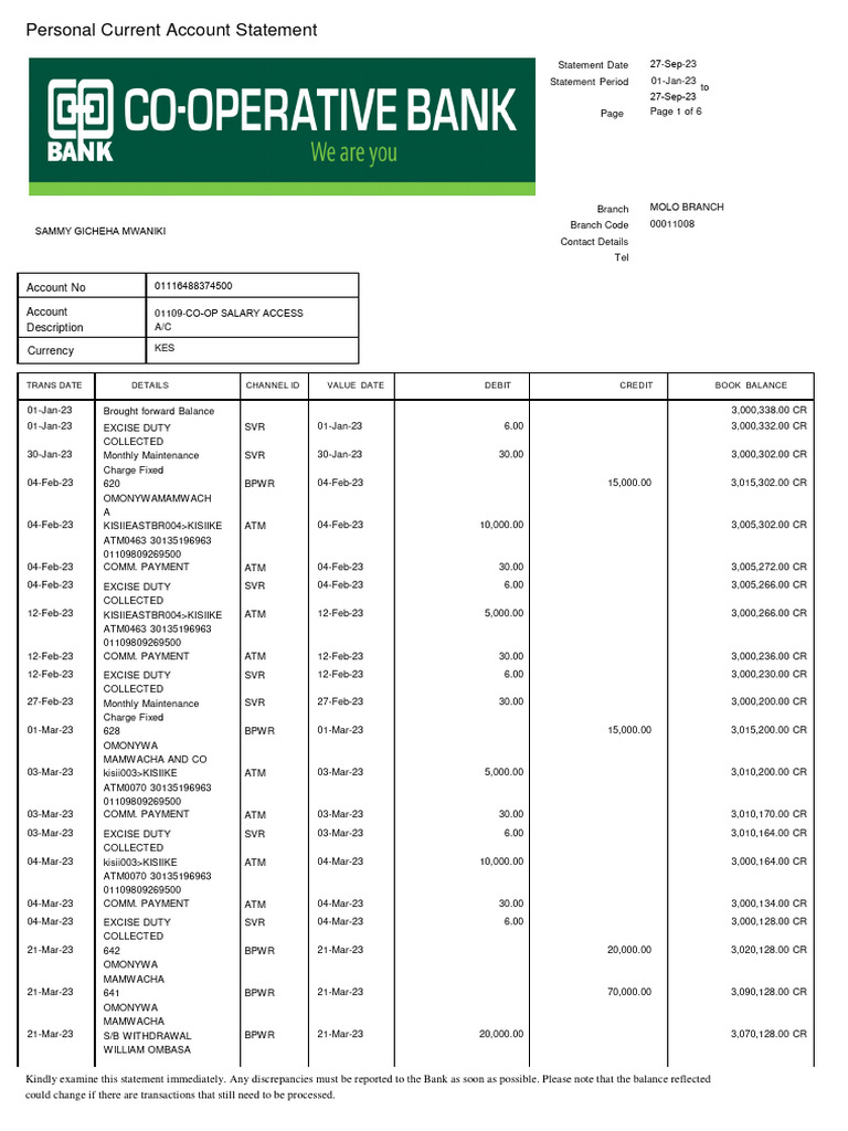 Personal Current Account Statement KES | PDF | Transaction Account ...