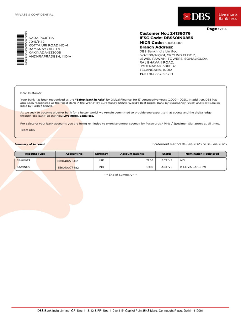 Customer No.: 24136076 IFSC Code: DBSS0IN0856 MICR Code: Branch Address ...