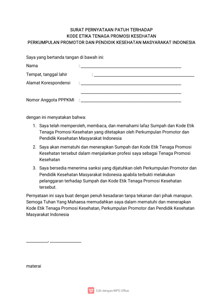 Template Surat Pernyataan Patuh Etika Profesi | PDF