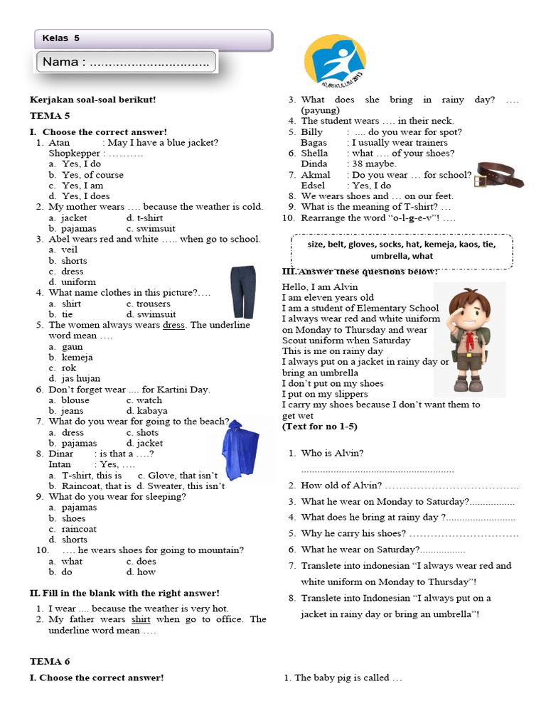 Soal Pts Genap Bhs Inggris Kelas 5 | PDF | Softlines (Retail) | Clothing