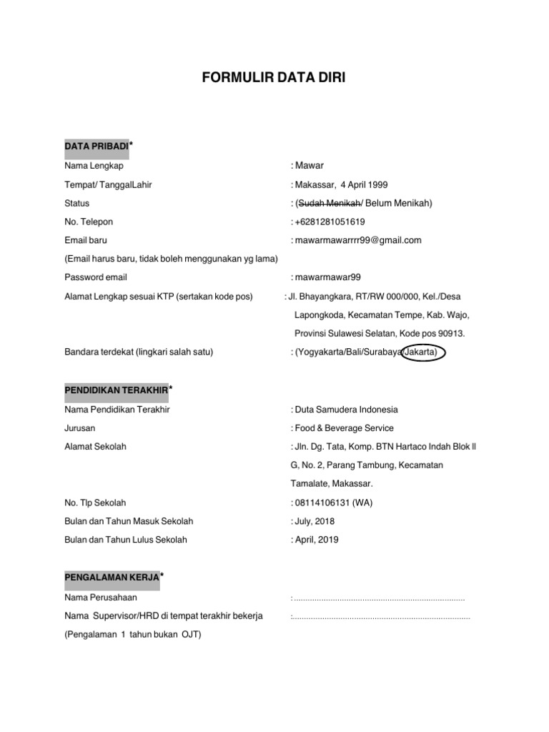 Formulir Data Diri Mawar | PDF Formulir Data Diri Mawar | PDF