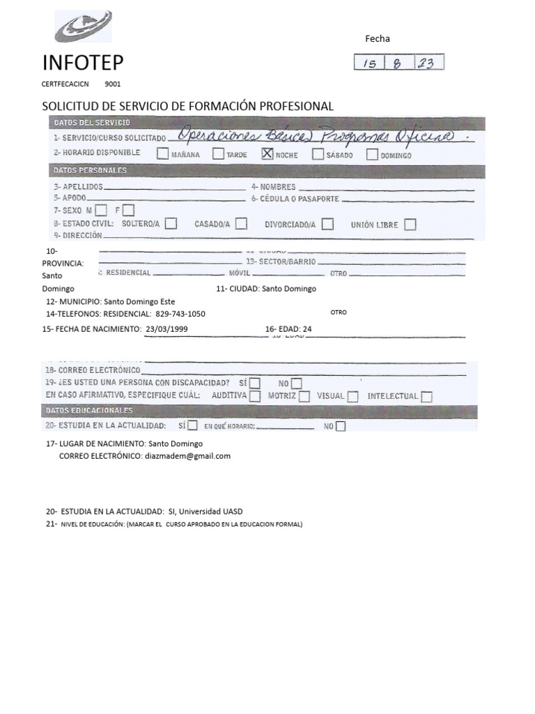 1 Ficha de Formulario de INFOTEP - Operaciones Básicas de Programas de ...
