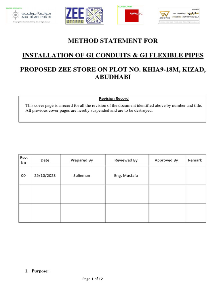 GI Conduit Installation Method Statement | PDF | Quality Assurance | Safety