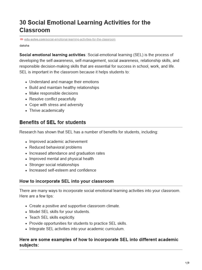 30 SEL Activities for Classroom Success | PDF | Decision Making | Learning