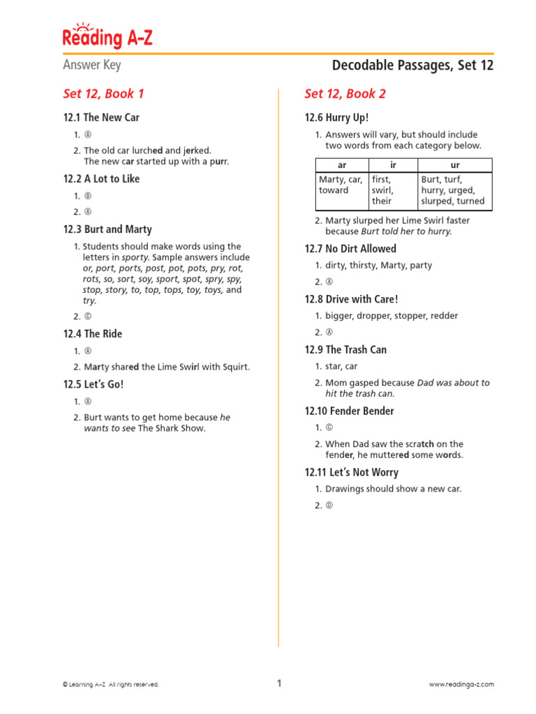 Decodable Passages Set 12 Answer Key | PDF