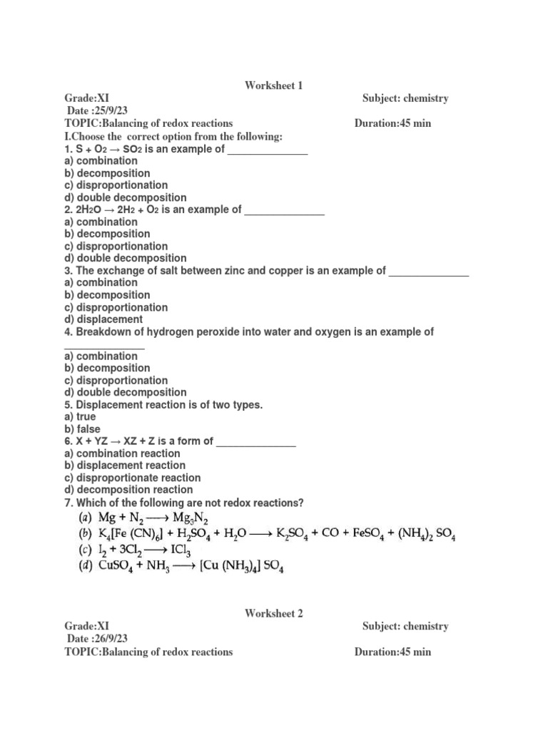 Redox Reactions Worksheet for Class XI | PDF | Redox | Chemical Reactions