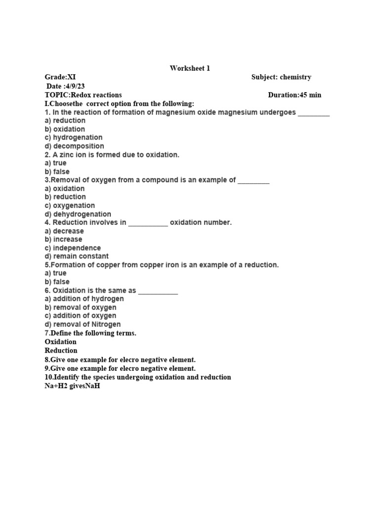 Worksheet Xi 4 - 9-23-8-9-23 - 02092023 - 194444 | PDF | Redox ...