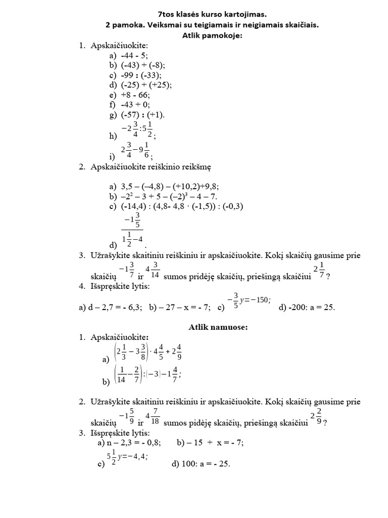 2 - Pamoka - Kartojimas - Veiksmai - Su Neigiamais Skaiciais | PDF