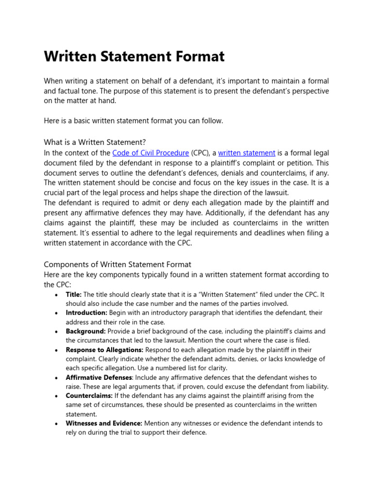Written Statement Format | PDF | Lawsuit | Separation Of Powers