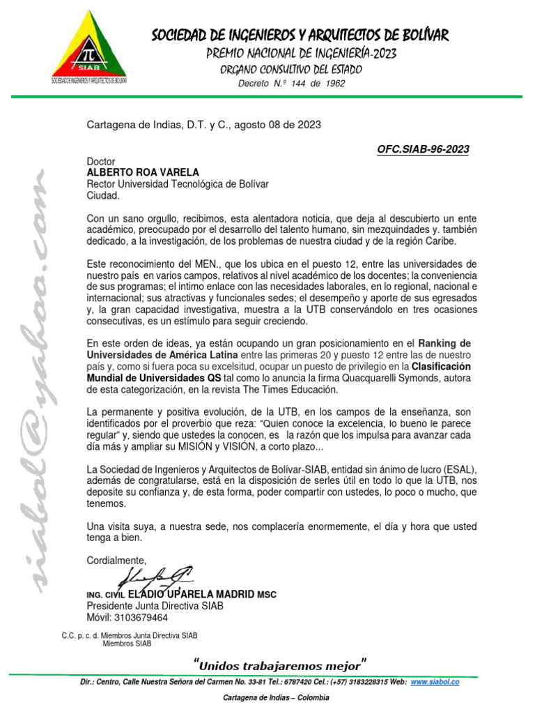 Oficio Siab-96-2023-Oficio Rector Universidad Tecnologica-Alberto Roa Varela | PDF