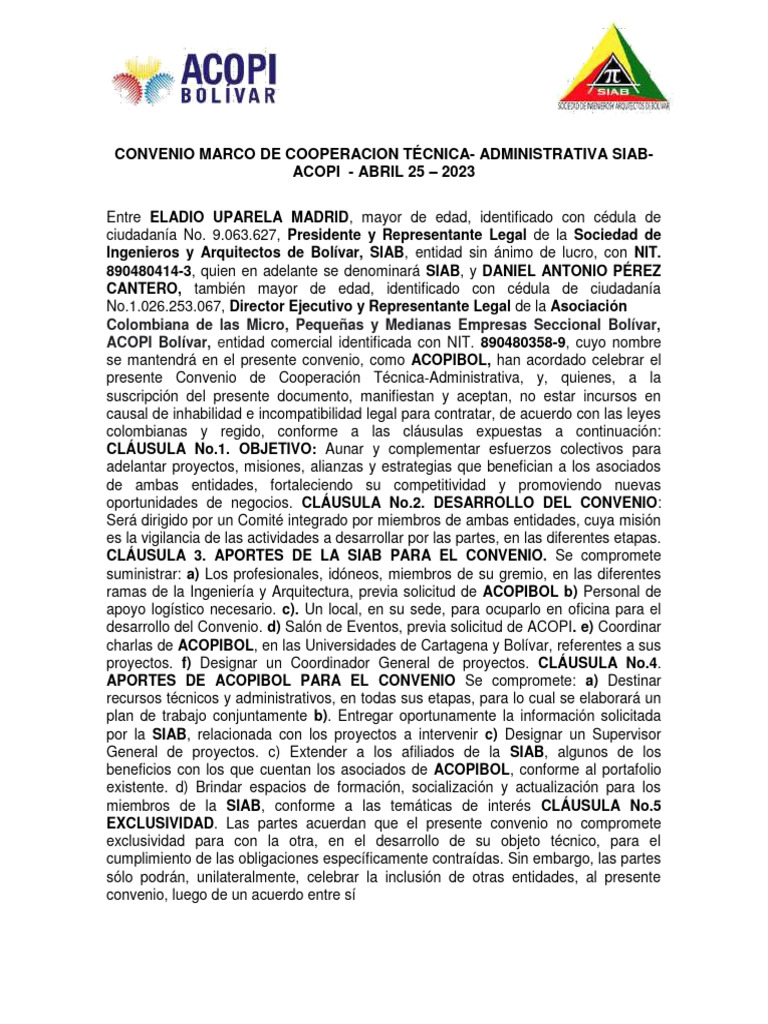 Convenio de Cooperacion Técnica-Administrativa Siab - Acopi | PDF ...