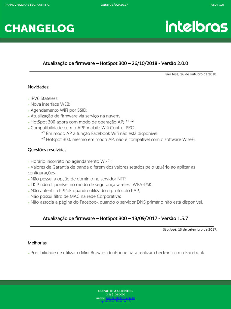 Changelog-Hotspot300 V 2.0.0 | PDF | Wi-Fi | Endereço de IP
