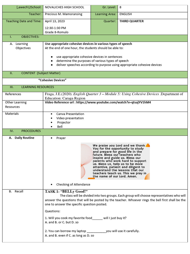 Grade 8 Cohesive Devices Lesson Plan | PDF | Persuasion | Teachers
