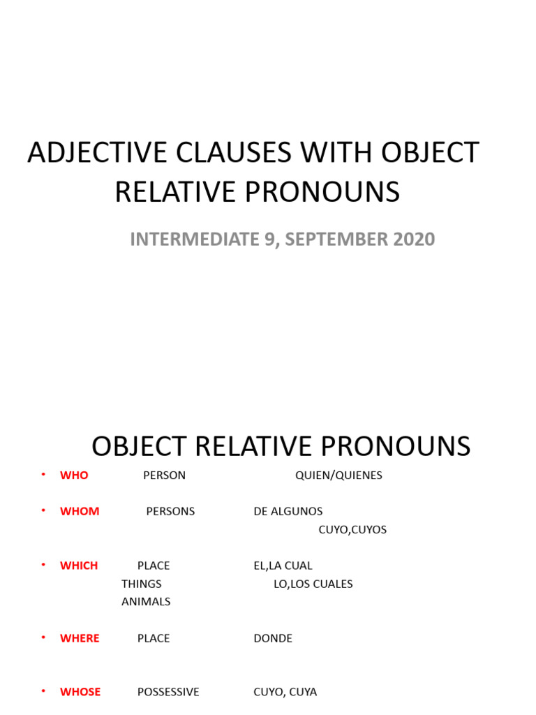 Adjective Clauses With Object Relative Pronouns | PDF | Grammatical ...