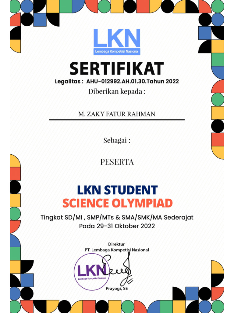 Sertifikat LKN Student Science Olympiad | PDF