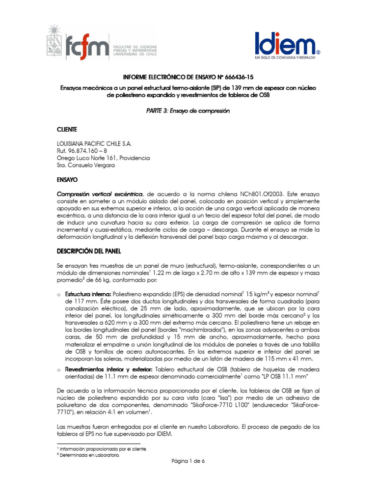 Idiem 666.436-15-2011 - (SIP) OSB11-EPS117-OSB11 - Compresion | PDF | Deformación (ingeniería ...