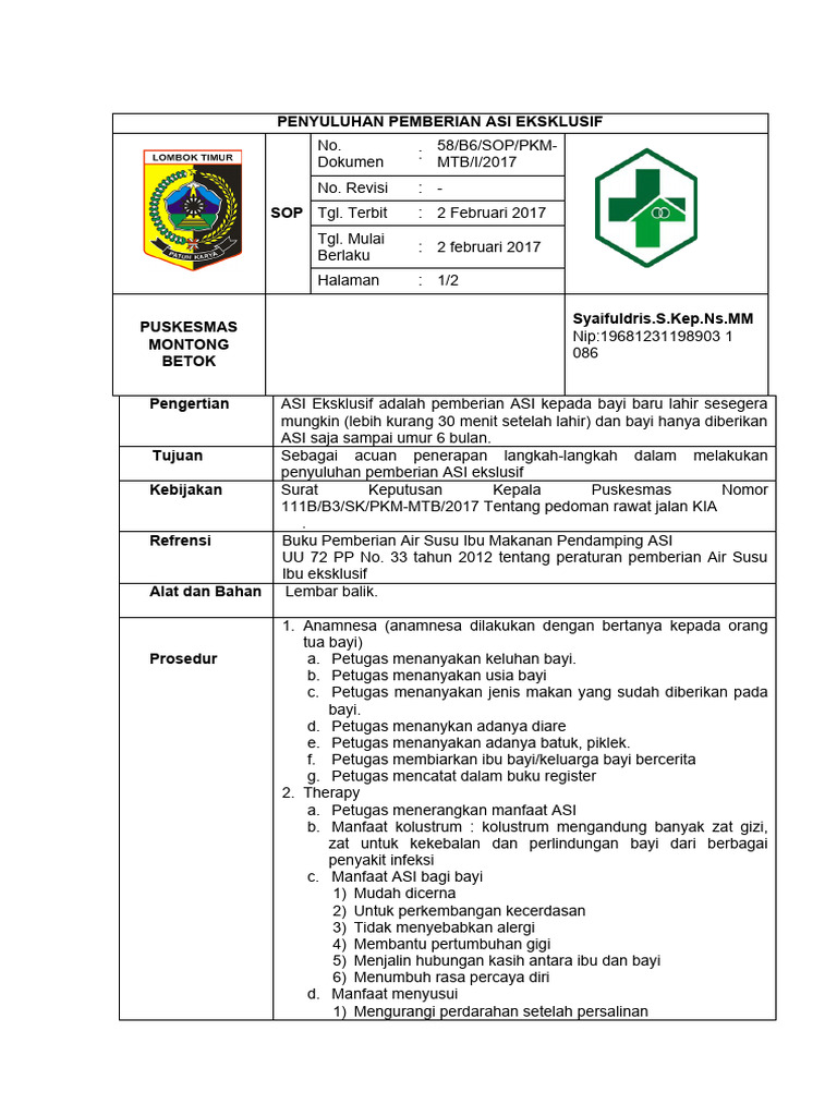 Sop Pemberian Asi Eksklusif | PDF