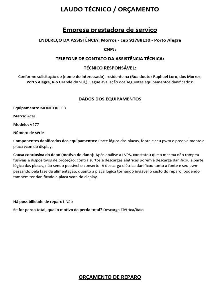 Modelo de Laudo Técnico Monitor | PDF