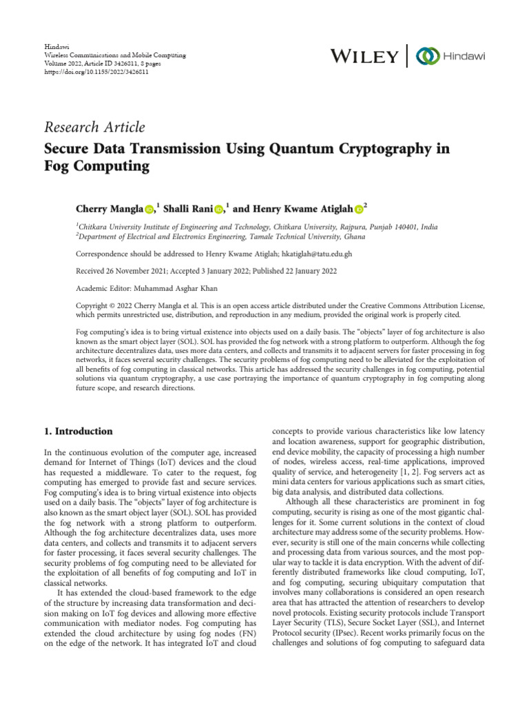 Research Article Secure Data Transmission Using Quantum Cryptography in Fog Computing | PDF ...