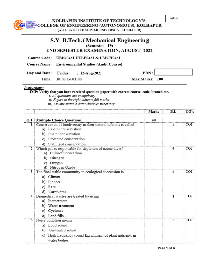 S.Y. B.Tech. Mechanical Engineering: End Semester Examination, August-2022 | PDF | Biodiversity ...