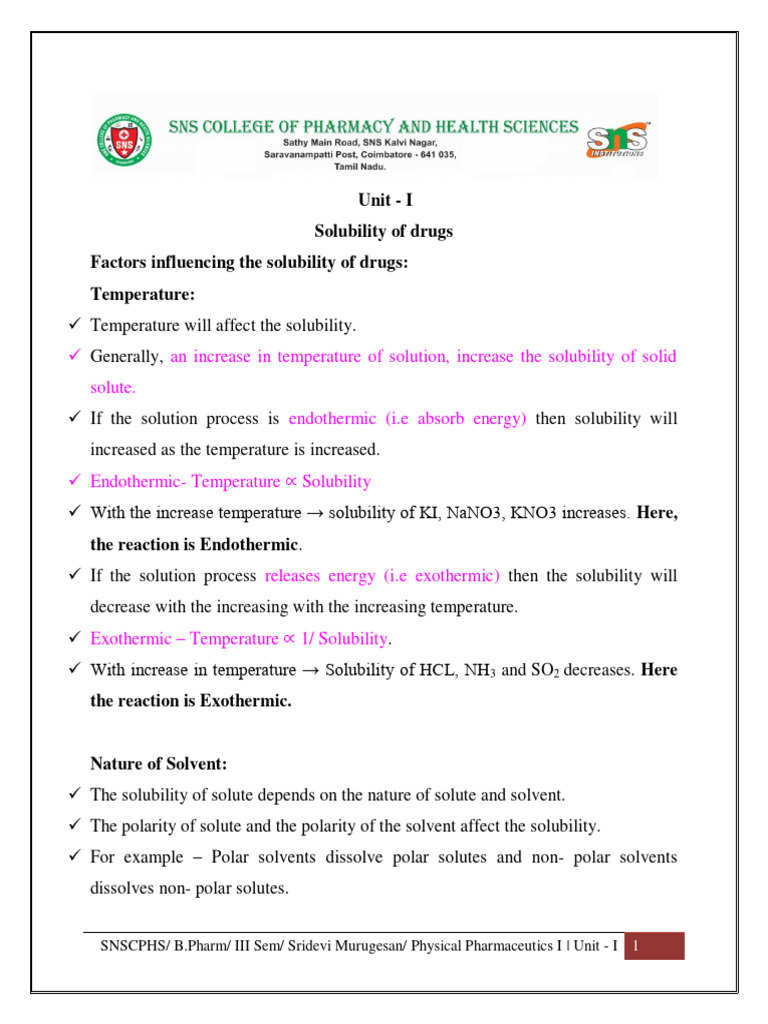 Unit - I Solubility of Drugs Factors Influencing The Solubility of Drugs: Temperature | Download ...