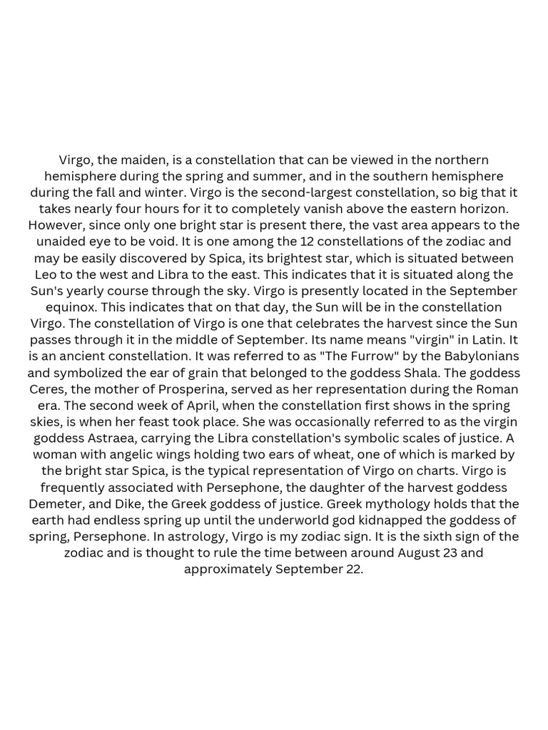 Virgo, the maiden, is a constellation that can be viewed in the ...