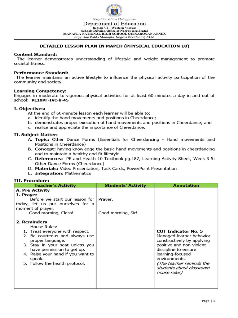 Cot Mapeh 10 - Q4 | PDF | Learning | Teachers