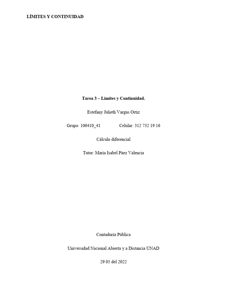 Tarea 3 - Límites y Continuidad. Calculo Diferencial | PDF ...