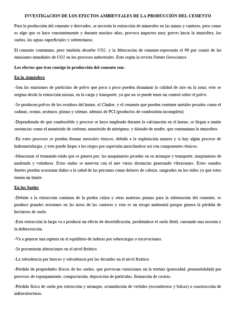 Investigacion de Los Efectos Ambientales de La Produccion Del Cemento ... Investigacion de Los Efectos Ambientales de La Produccion Del Cemento ...