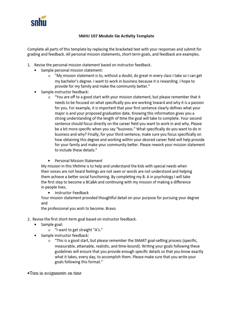 SNHU 107 Module Six Activity Template.. | PDF | Goal | Goal Setting