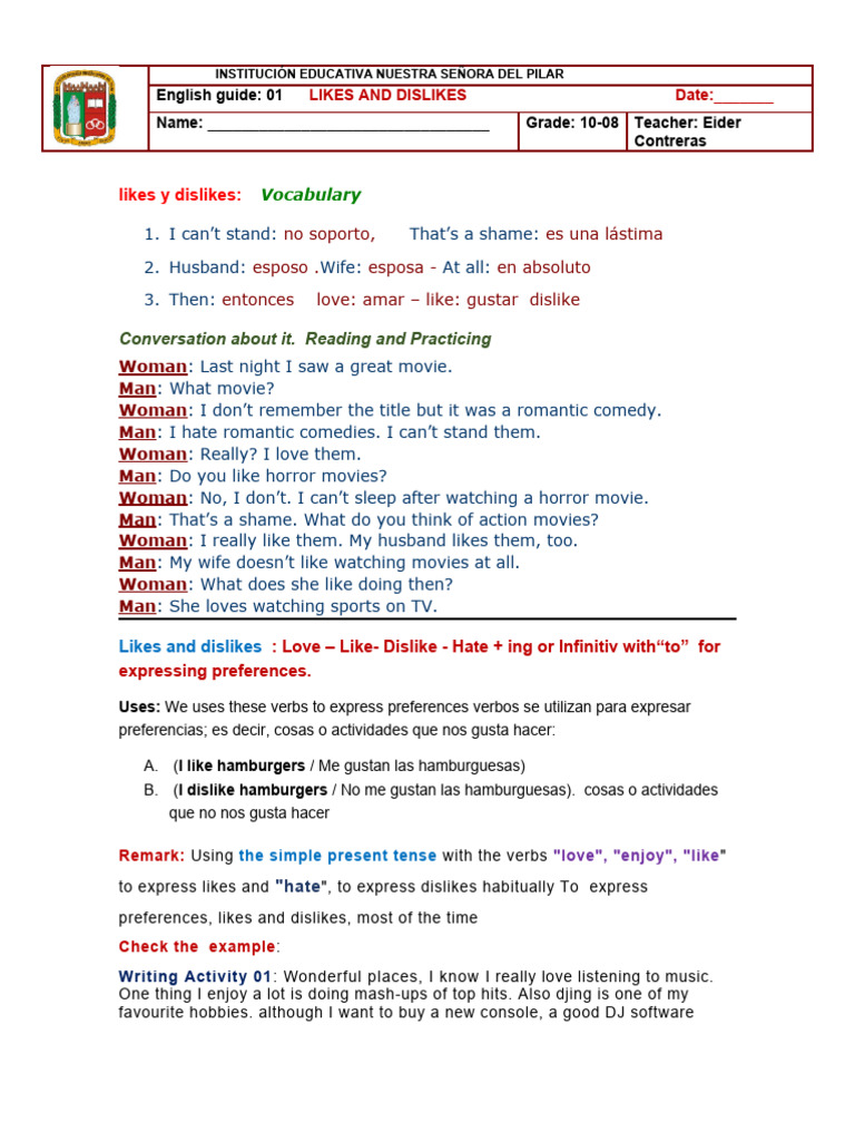10 Grado Guia 01 Expressing Like and Dislike Virtual | PDF | Linguistics