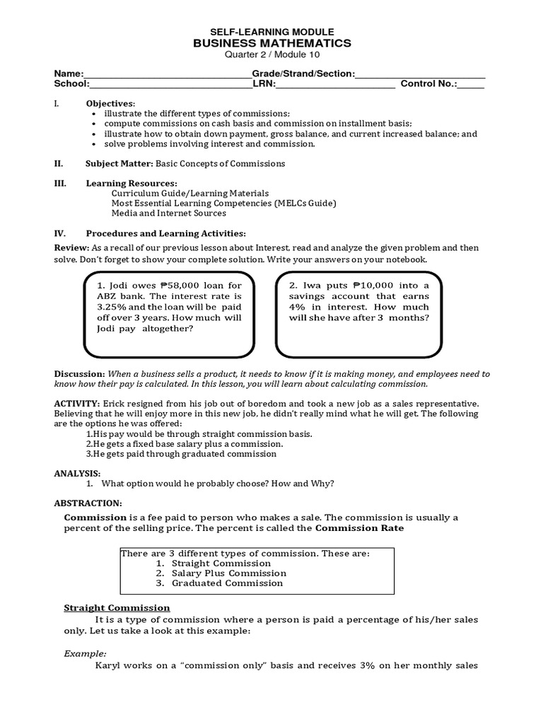 Business-Mathematics Module-10 Commissions | PDF | Sales | Salary