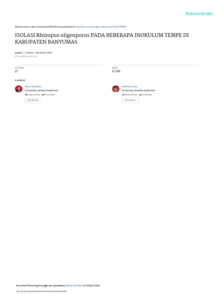 Isolasi Rhizopus Oligosporus Pada Beberapa Inokulum Tempe Di Kabupaten ...