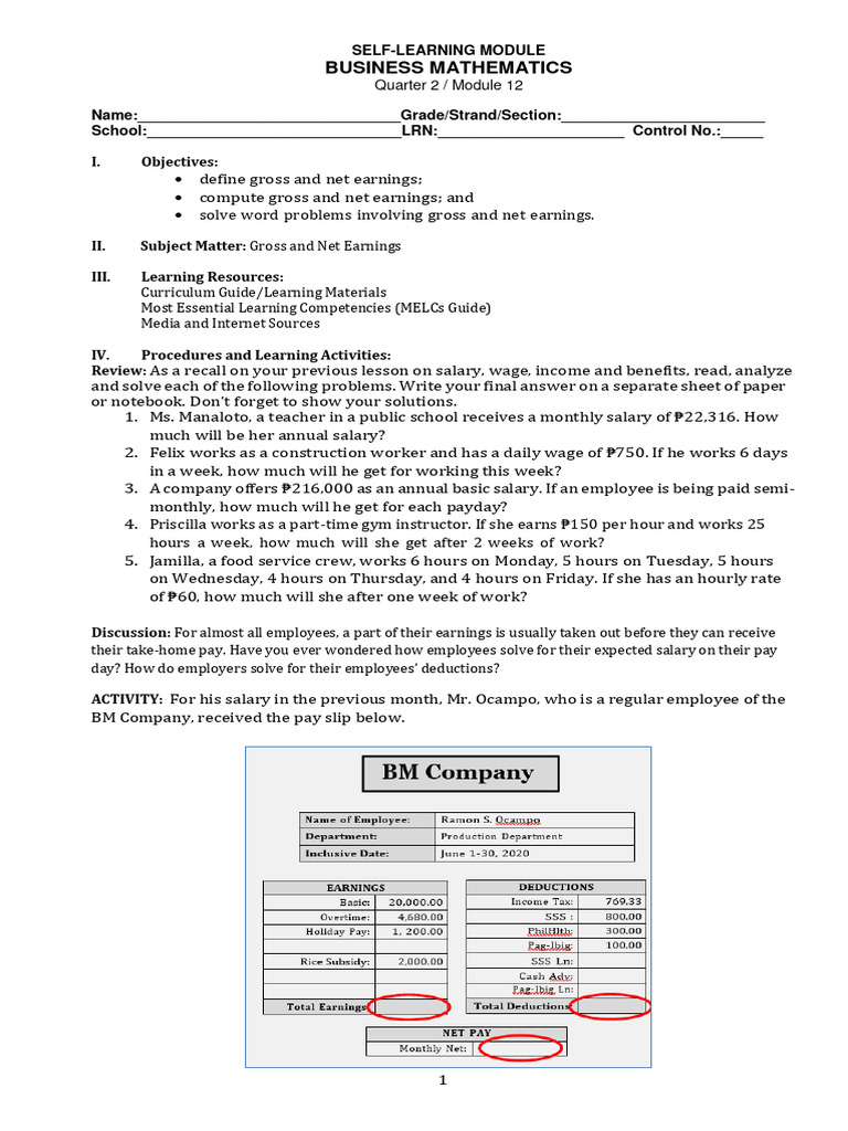 Business Mathematics - Module 12 - Gross and Net Earnings | PDF ...