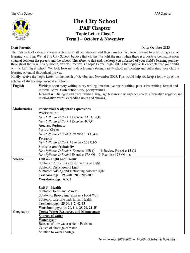 Class 7 Topic Letter October and Novembre 2023 (Class 7) - 1 | PDF | Water | Climate Change
