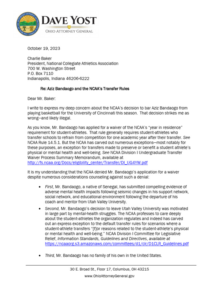 Dave Yost Letter To NCAA | PDF | National Collegiate Athletic ...