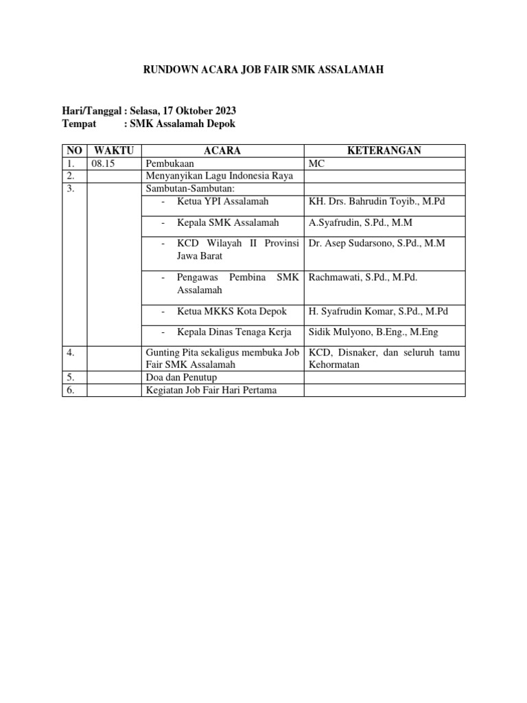 Rundown Acara Job Fair SMK Assalamah | PDF