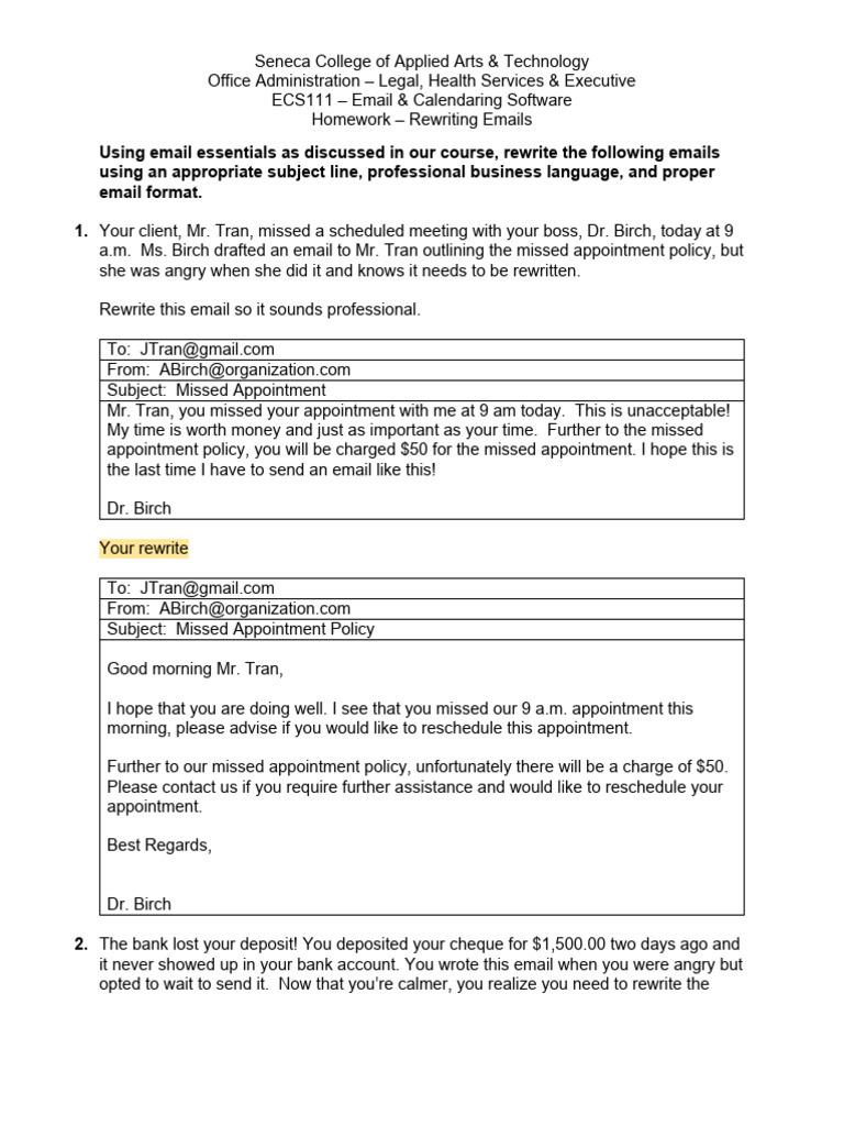 Rewriting Emails Homework | PDF
