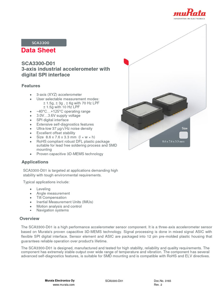 Datasheet Sca3300-D01 | PDF | Accelerometer | Sensor